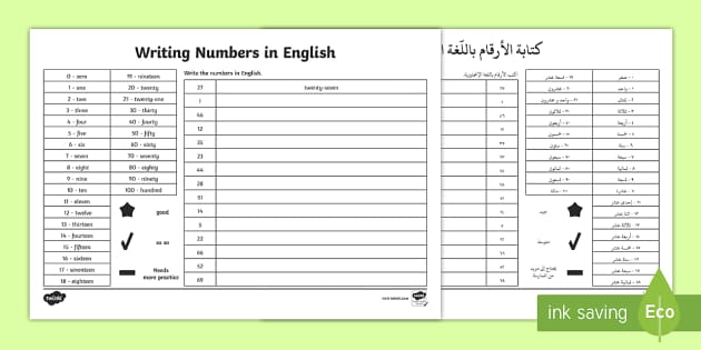 Writing Numbers in Words Worksheet - Arabic/English - Twinkl