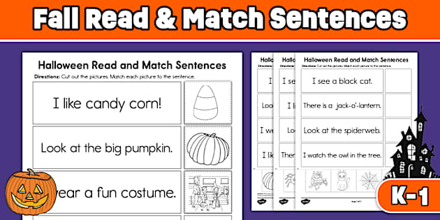 Halloween Read and Match Sentences Cut and Paste Worksheets for K-1st Grade