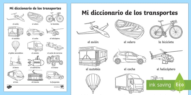 Transport Dictionary Words Colouring Sheet Spanish - Twinkl