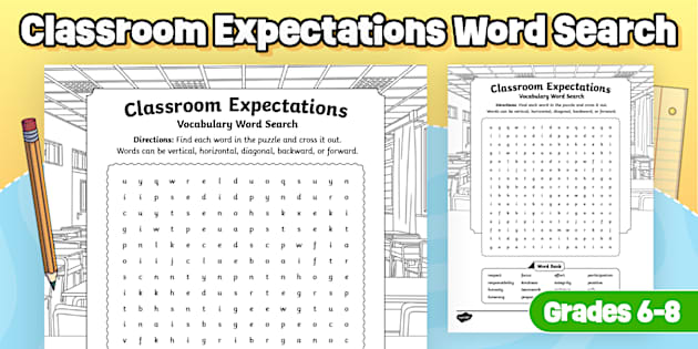 Classroom Expectations Word Search for 6th-8th Grade