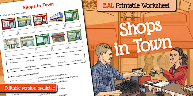 Shops in Town Vocabulary Worksheet (teacher made) - Twinkl
