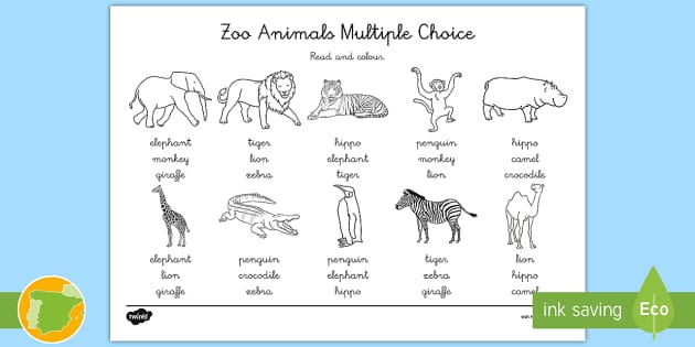 A1 Ficha de actividad: Lee y colorea - Animales del zoo en inglés