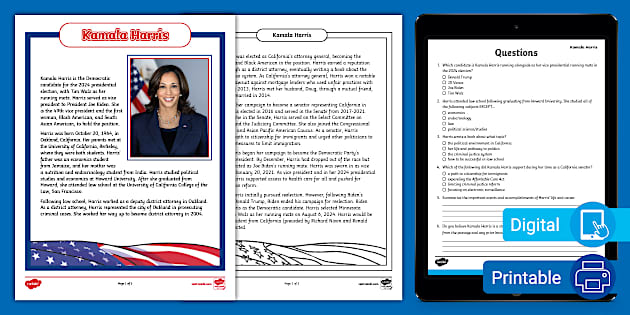 Eighth Grade Kamala Harris Reading Comprehension Activity