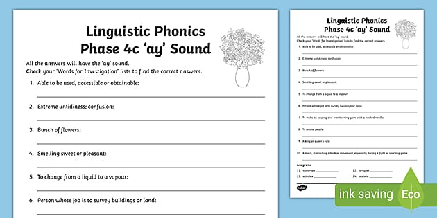 Linguistic Phonics Phase 4c 'ay' Sound Word Worksheet