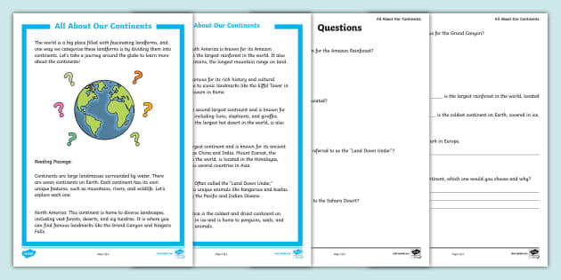 All About Our Continents - Reading Comprehension with Structured Question