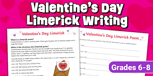 Valentine's Day Limerick Writing Worksheet for 6th-8th Grade