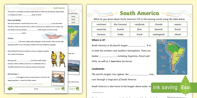South America Cloze Activity (teacher made) - Twinkl