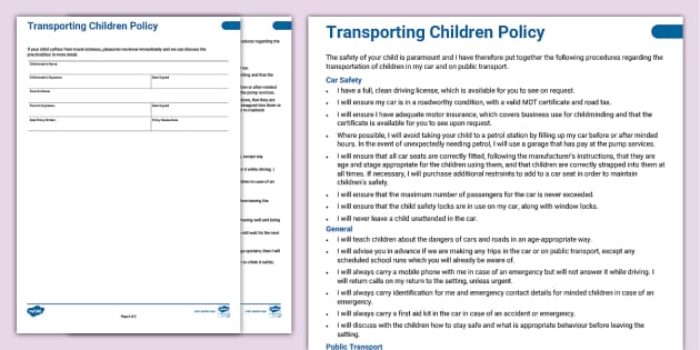 Transporting Children Policy for Childminders - Twinkl