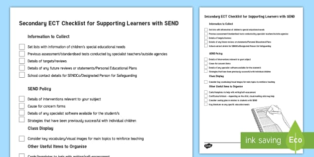 Secondary ECT Supporting Learners with SEND Checklist Secondary ECT Supporting Learners with SEND Checklist