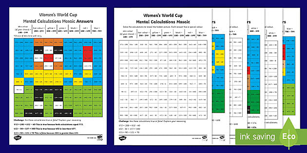 LKS2 Women’s World Cup Mental Calculations Maths Mosaic Worksheets