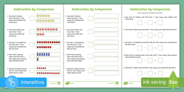 Subtraction By Comparison F 2 Differentiated Worksheets