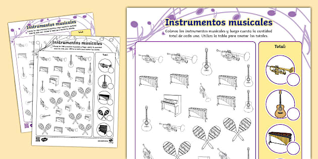 Hoja de actividad: Colorea y cuenta - Instrumentos musicales