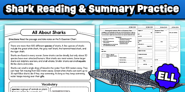 All About Sharks | Summarizing Worksheets for ELL