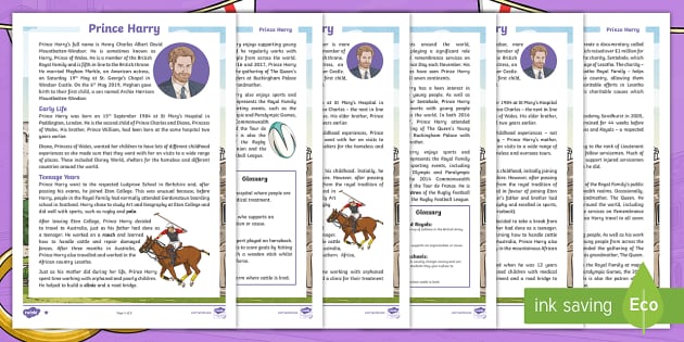 UKS2 Prince Harry Differentiated Reading Comprehension Activity