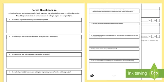 Childminder Parent Questionnaire (teacher made) - Twinkl
