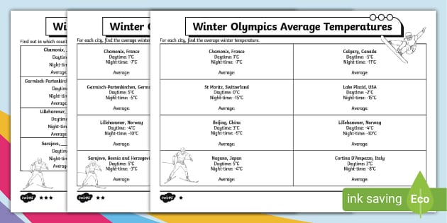 KS2 Winter Olympics Host Cities Average Temperatures Sheet