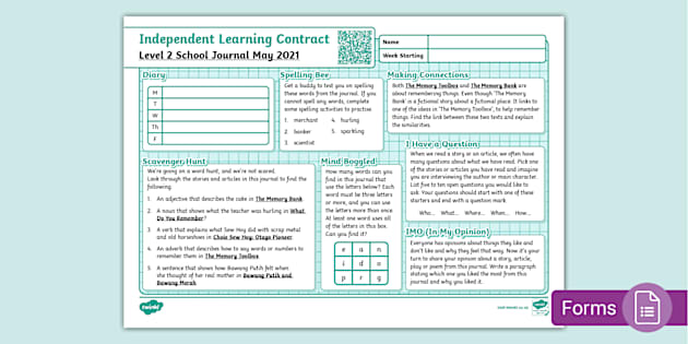 Level 2 May 2021 School Journal: Independent Learning Contract