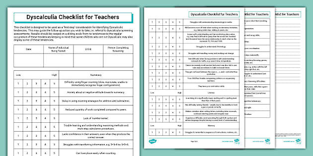 Dyscalculia Initial Screening Checklist for Teachers