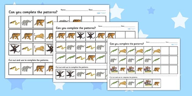 Jungle Themed Complete the Pattern Worksheet Differentiated
