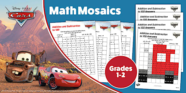 Cars: Addition and Subtraction to 100 Mosaic Worksheets Pack