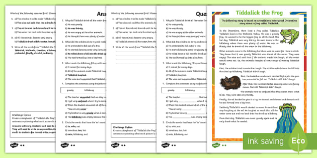 Tiddalik The Frog Differentiated Comprehension Challenge Sheet