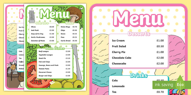 Restaurant Role Play Children's Menu (Teacher-Made)