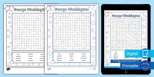 George Washington Word Search for 3rd-5th Grade - Twinkl