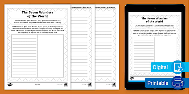 The Seven Wonders of the World Reflective Writing Worksheet for 6th-8th ...