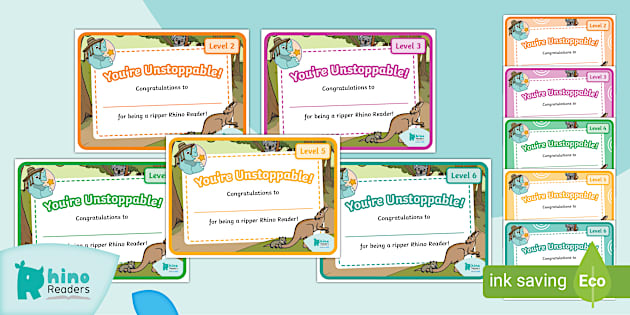 Rhino Readers Certificates - All Levels - Twinkl
