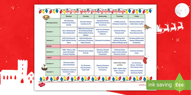 UKS2 Last Week of Term Christmas Activity Timetable - Twinkl