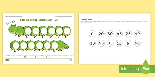 Skip Counting by 5s Caterpillar Assessment Sheet - Twinkl