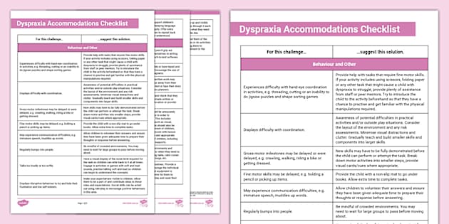 Dyspraxia Accommodations Checklist (teacher made) - Twinkl