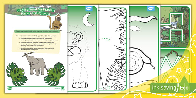 Jungle-Themed Mark Making Pattern Tracing Pages - Twinkl