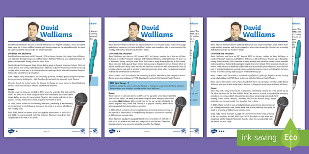 UKS2 David Walliams Differentiated Reading Comprehension Activity