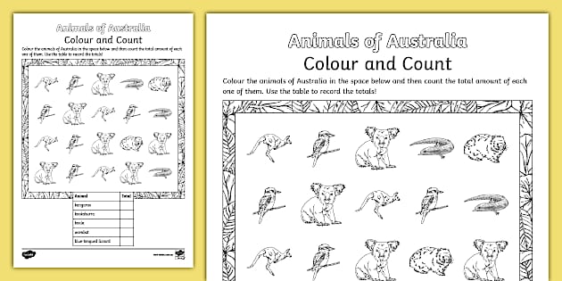 Animals of Australia Colour and Count Worksheet - Twinkl