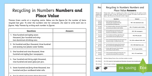 Recycling in Numbers: Reading and Writing Numbers Worksheet