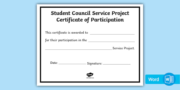 Student Council Service Project Editable Certificate