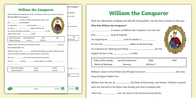 UKS2 William the Conqueror Activity Sheet (teacher made)