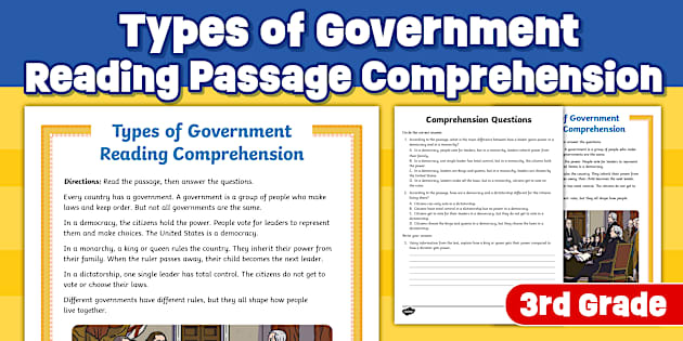 Third Grade Types of Government Reading Passage Comprehension Worksheet