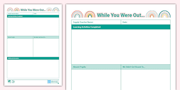 While You Were Out Supply Teacher Handover Sheet - Twinkl