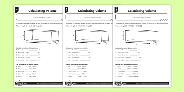 Multiply 3 Numbers to Calculate Volume Differentiated Maths Worksheet
