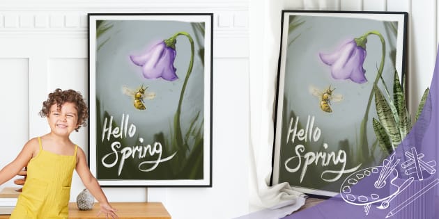 Hello Spring Bluebell Bee Nature-Themed Poster - Twinkl