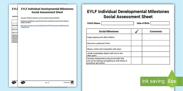 EYLF Individual Developmental Milestones Social Assessment Sheet