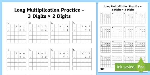 Long Multiplication 3-Digits by 2-Digits Worksheet - Twinkl