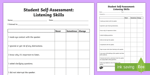 Student Self Assessment Chart