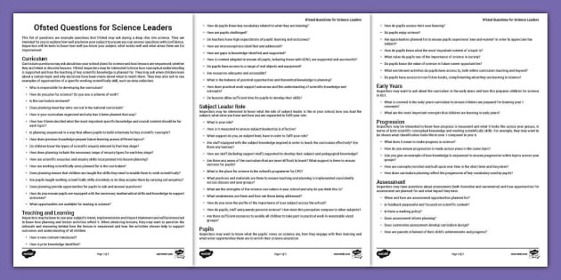 Science Deep Questions Science Subject Leaders | Ofsted