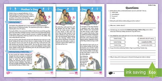 UKS2 Mother's Day Differentiated Reading Comprehension Activity