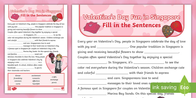 *Valentine's Day Fun in Singapore Fill the Sentences Worksheet*