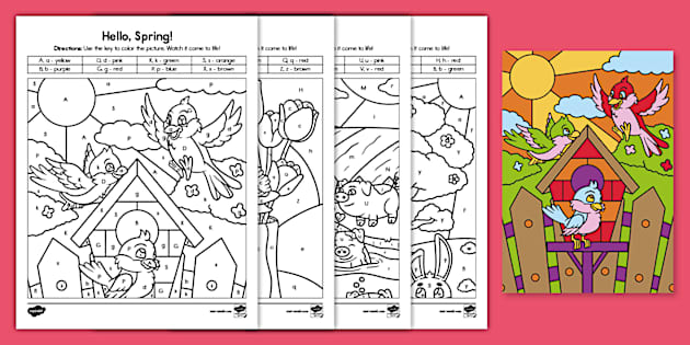 Spring Color by Letter Worksheets for PreK-K - Twinkl