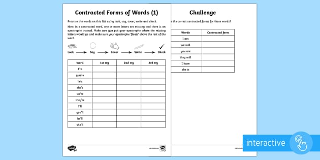 Spelling Activity Sheet: Contracted Forms of Words (1) Ages 6 - 7